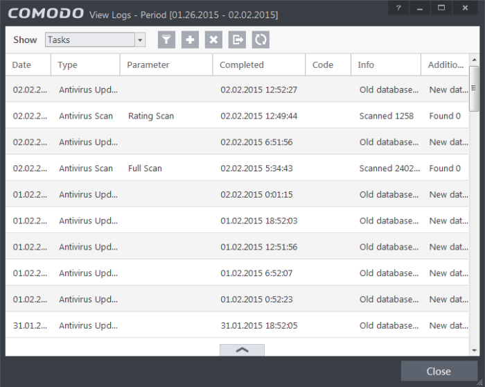 Tasks Logs, Database Management | Internet Security | COMODO